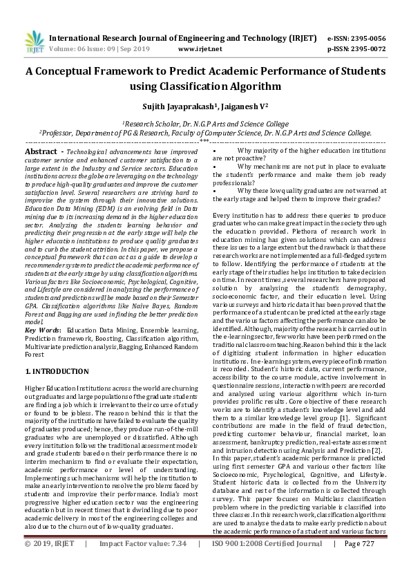 (PDF) A Conceptual Framework to Predict Academic Performance of Students using Classification ...
