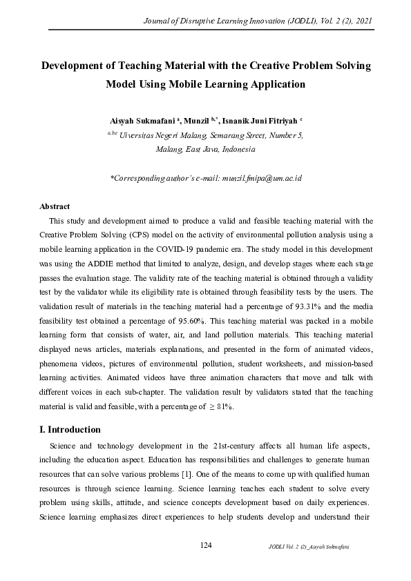 Pdf Development Of Teaching Material With The Creative Problem Solving Model Using Mobile