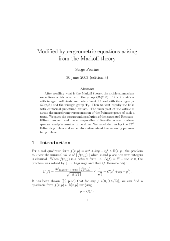 (PDF) Modified Hypergeometric Equations Arising from the Markoff Theory