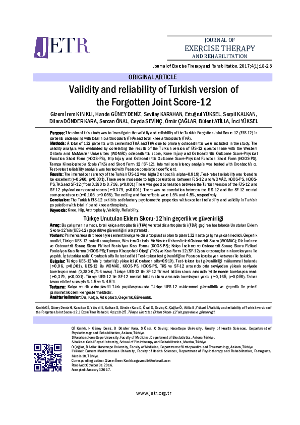 (PDF) Validity and reliability of Turkish version of the Forgotten ...