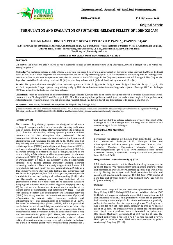 (PDF) Formulation and Evaluation of Sustained-Release Pellets of Lornoxicam