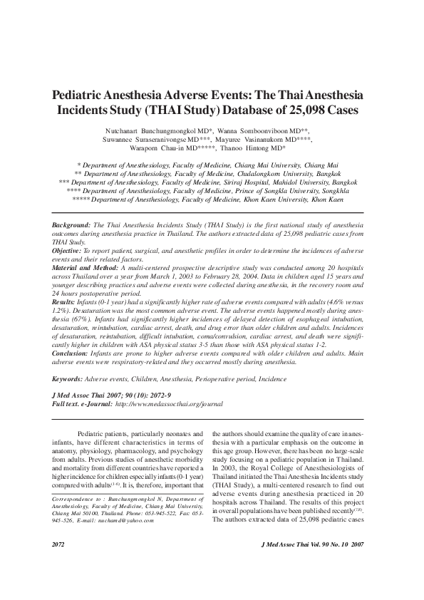 (PDF) Pediatric anesthesia adverse events: the Thai Anesthesia ...