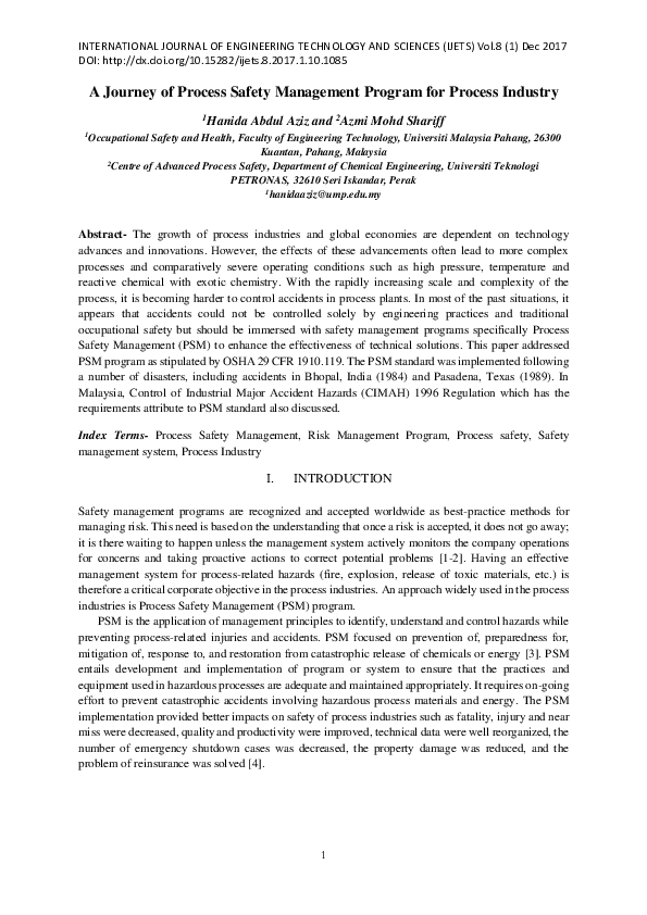 (PDF) A Journey of Process Safety Management Program for Process Industry