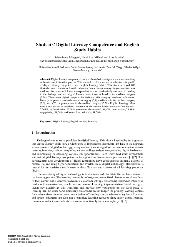 (PDF) Students' Digital Literacy Competence and English Study Habits