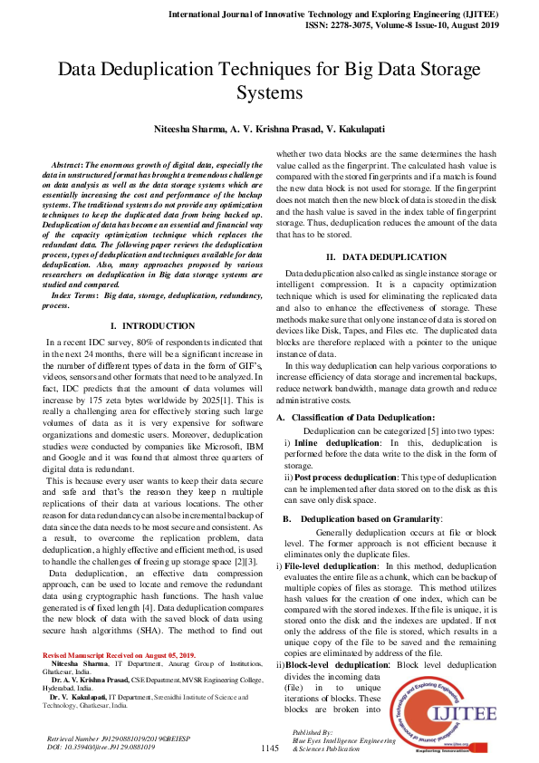 Pdf Data Deduplication Techniques For Big Data Storage Systems 8181