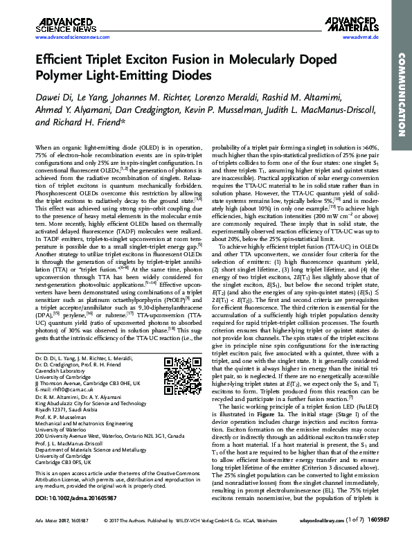 (PDF) Efficient Triplet Exciton Fusion in Molecularly Doped Polymer ...