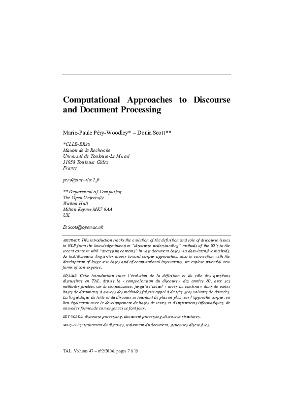 (PDF) Computational Approaches to Discourse and Document Processing (PDF) Computational Approaches to Discourse and Document Processing