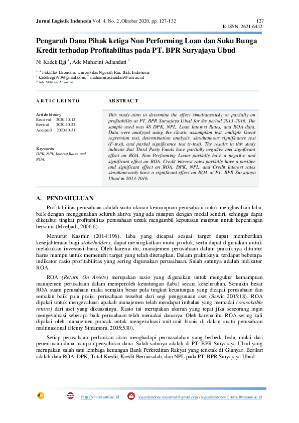 (PDF) Pengaruh Dana Pihak ketiga Non Performing Loan dan Suku Bunga Kredit terhadap ...