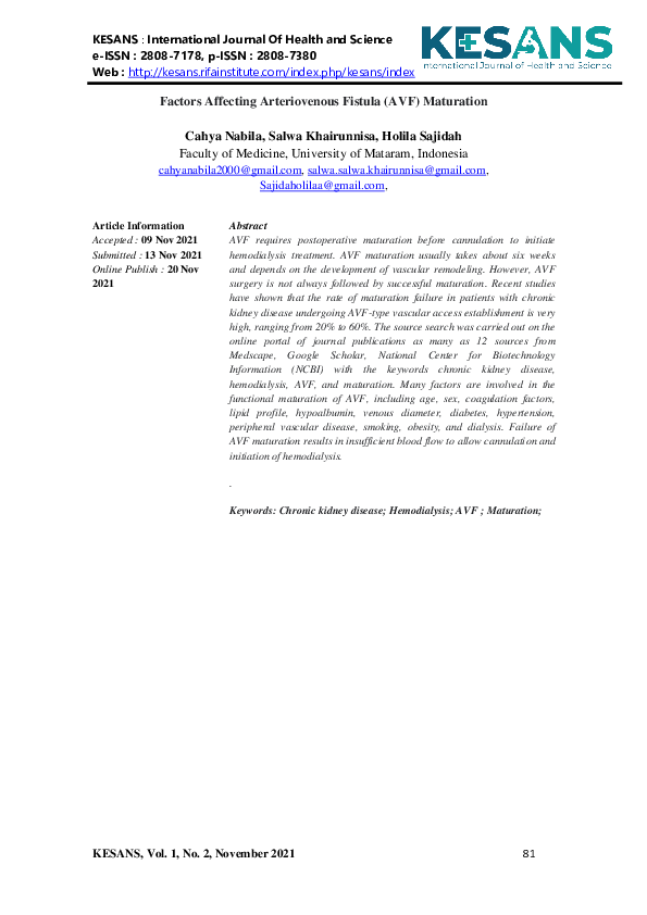 (PDF) Factors Affecting Arteriovenous Fistula (AVF) Maturation