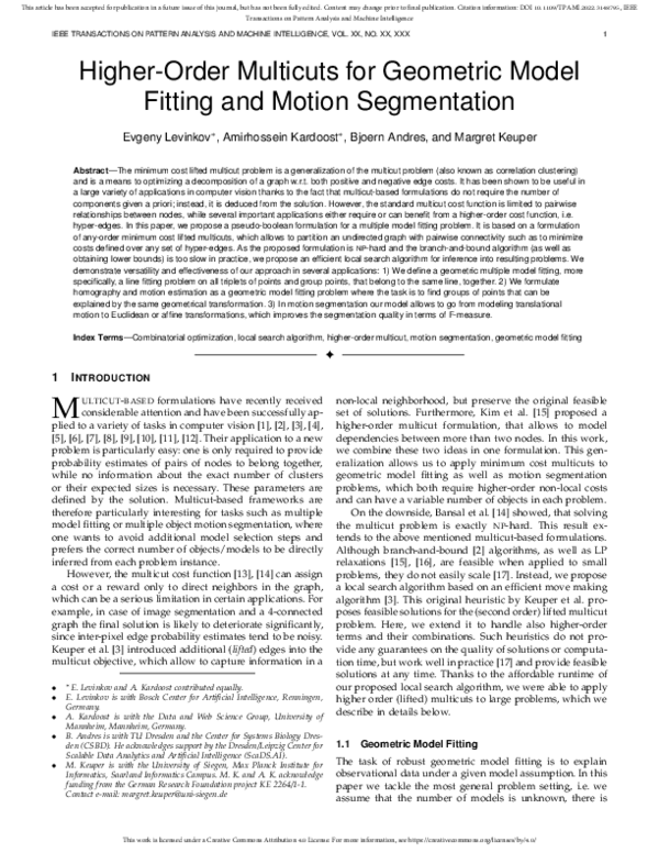 (PDF) Higher-Order Multicuts for Geometric Model Fitting and Motion ...