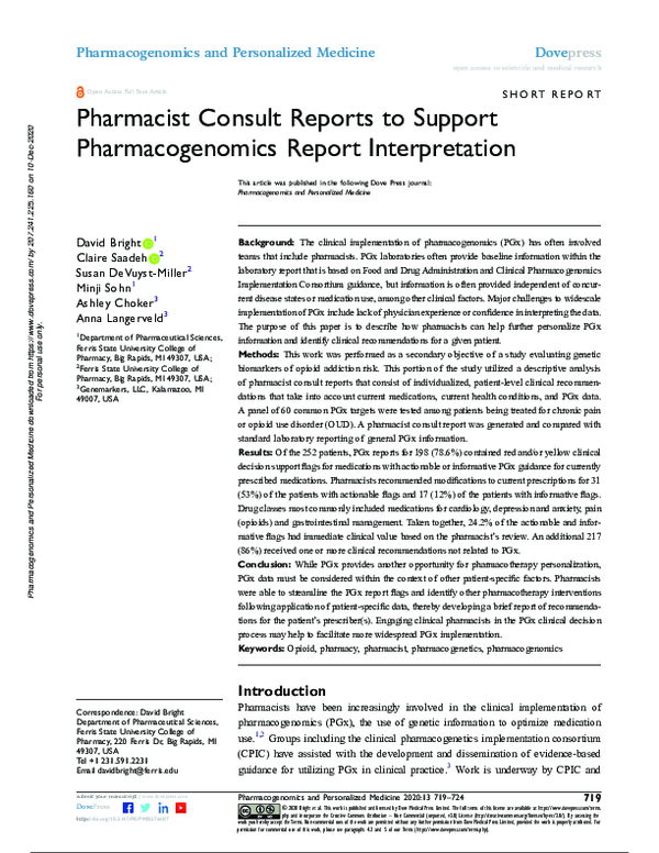 (PDF) Pharmacist Consult Reports to Support Pharmacogenomics Report ...