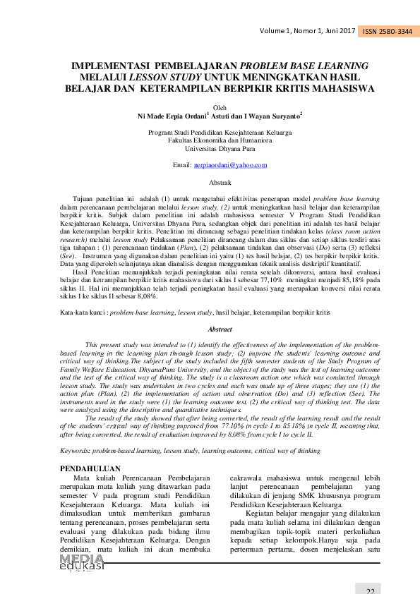 (PDF) Implementasi Pembelajaran Problem Base Learning Melalui Lesson Study Untuk Meningkatkan ...