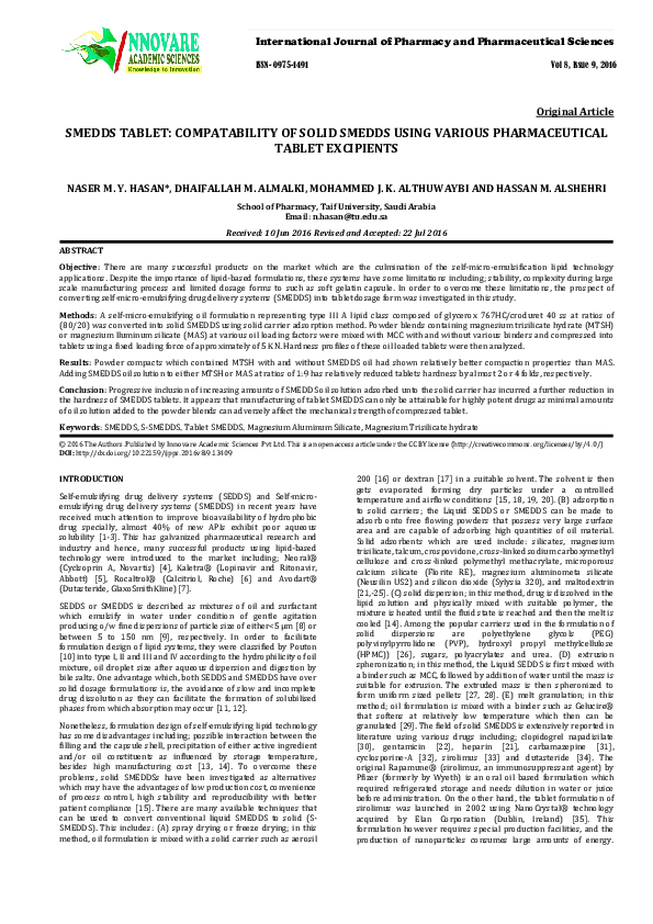(PDF) Smedds Tablet: Compatability of Solid Smedds Using Various ...