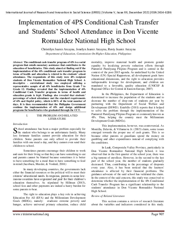 (PDF) Implementation of 4PS Conditional Cash Transfer and Students ...