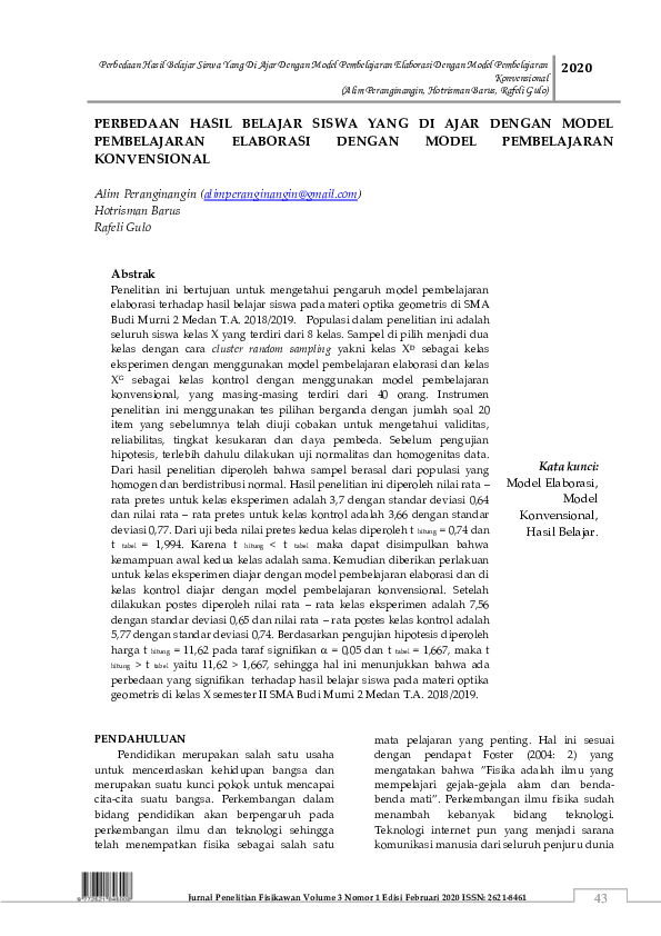 (PDF) Perbedaan Hasil Belajar Siswa Yang DI Ajar Dengan Model Pembelajaran Elaborasi Dengan ...