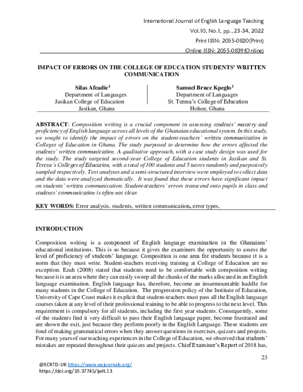 (PDF) IMPACT OF ERRORS ON THE COLLEGE OF EDUCATION STUDENTS' WRITTEN ...