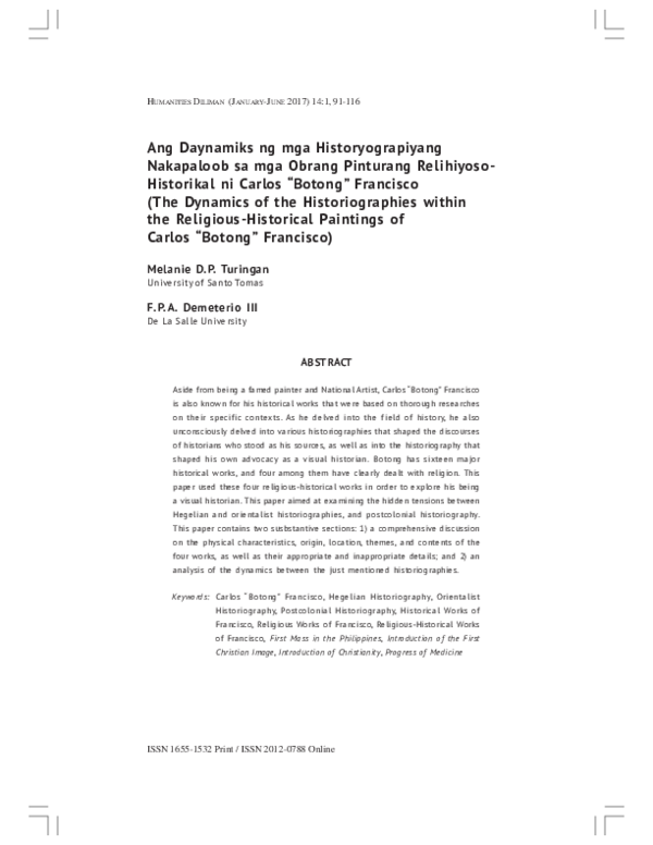 (PDF) Ang Daynamiks ng mga Historyograpiyang Nakapaloob sa mga Obrang ...