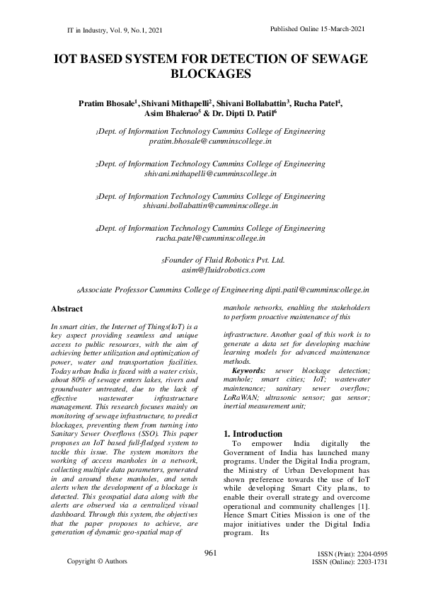 Pdf Iot Based System For Detection Of Sewage Blockages