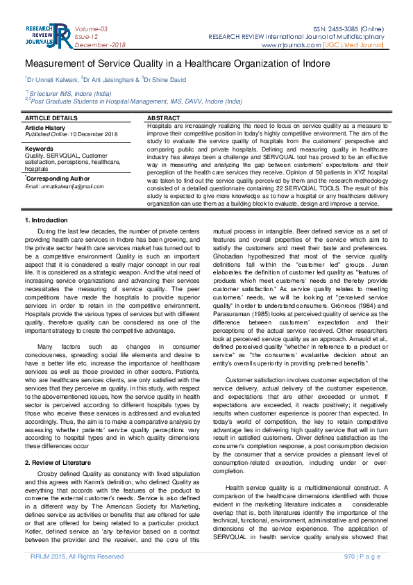 (PDF) Measurement of Service Quality in a Healthcare Organization of Indore