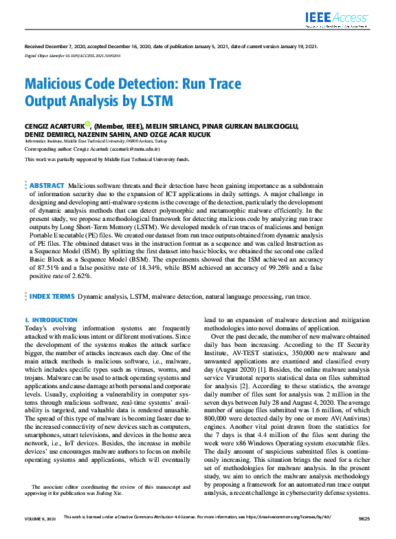 (PDF) Malicious Code Detection: Run Trace Output Analysis by LSTM