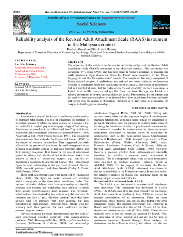 (PDF) Reliability analysis of the Revised Adult Attachment Scale (RAAS ...