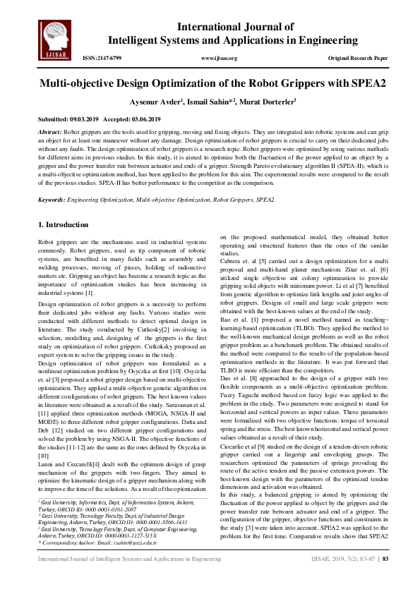 Pdf Multi Objective Design Optimization Of The Robot Grippers With Spea 2