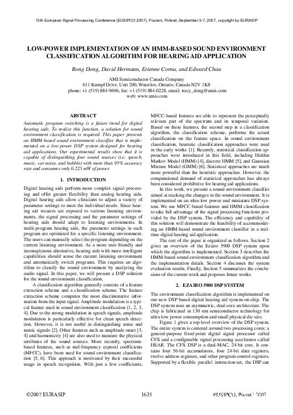 Pdf Low Power Implementation Of An Hmm Based Sound Environment Classification Algorithm For