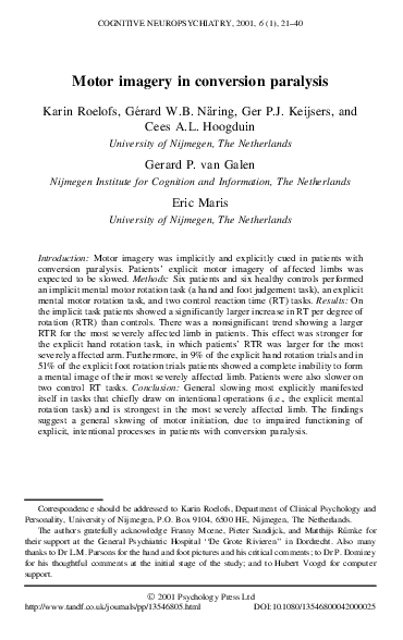 (PDF) Motor imagery in conversion paralysis