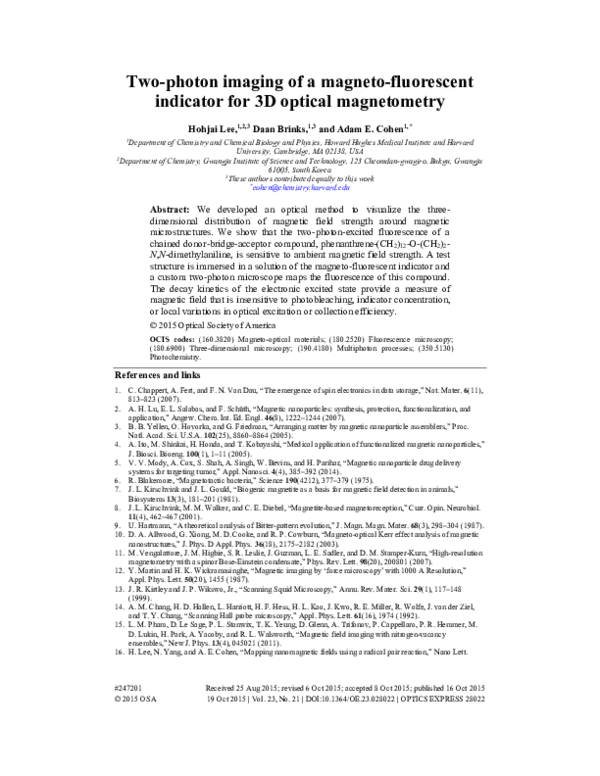 (PDF) Two-photon imaging of a magneto-fluorescent indicator for 3D optical magnetometry