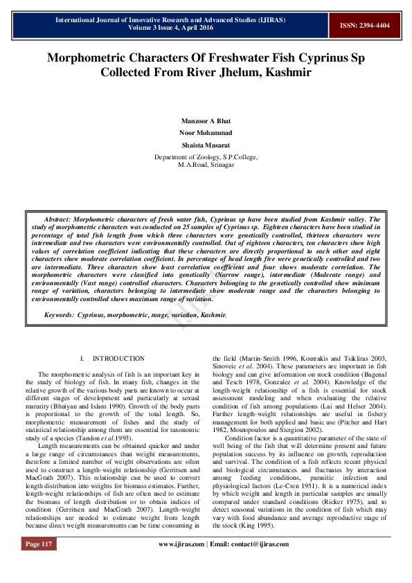 (PDF) Morphometric Characters Of Freshwater Fish Cyprinus Sp Collected ...