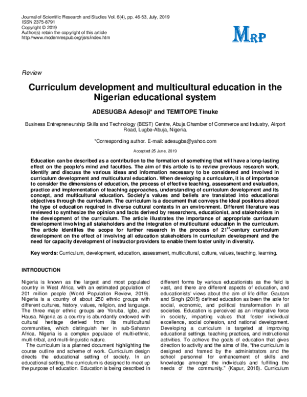 (PDF) Curriculum development and multicultural education in the ...