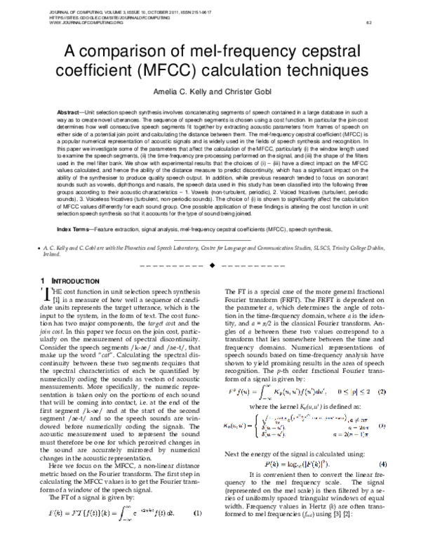 Pdf A Comparison Of Mel Frequency Cepstral Coefficient Mfcc Calculation Techniques