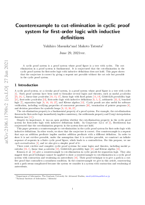 (PDF) Counterexample to cut-elimination in cyclic proof system for first-order logic with ...