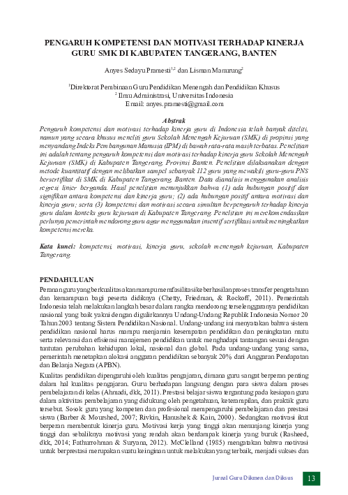 (PDF) Pengaruh Kompetensi Dan Motivasi Terhadap Kinerja Guru SMK DI Kabupaten Tangerang, Banten