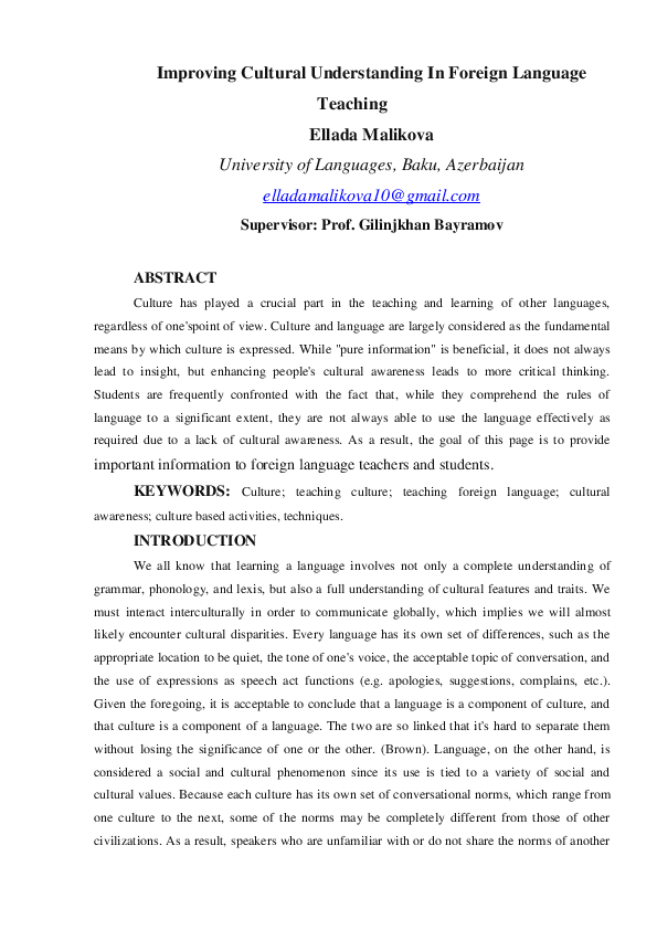 (PDF) Improving Cultural Understanding In Foreign Language Teaching