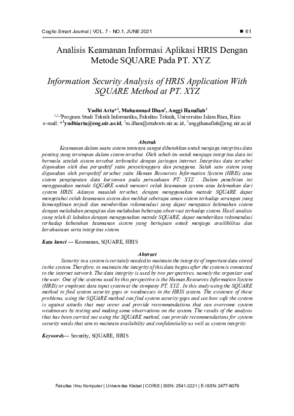 (PDF) Analisis Kebutuhan Keamanan Informasi Menggunakan Metode SQUARE ...