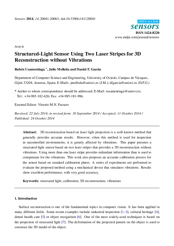(PDF) Article Structured-Light Sensor Using Two Laser Stripes for 3D Reconstruction without ...