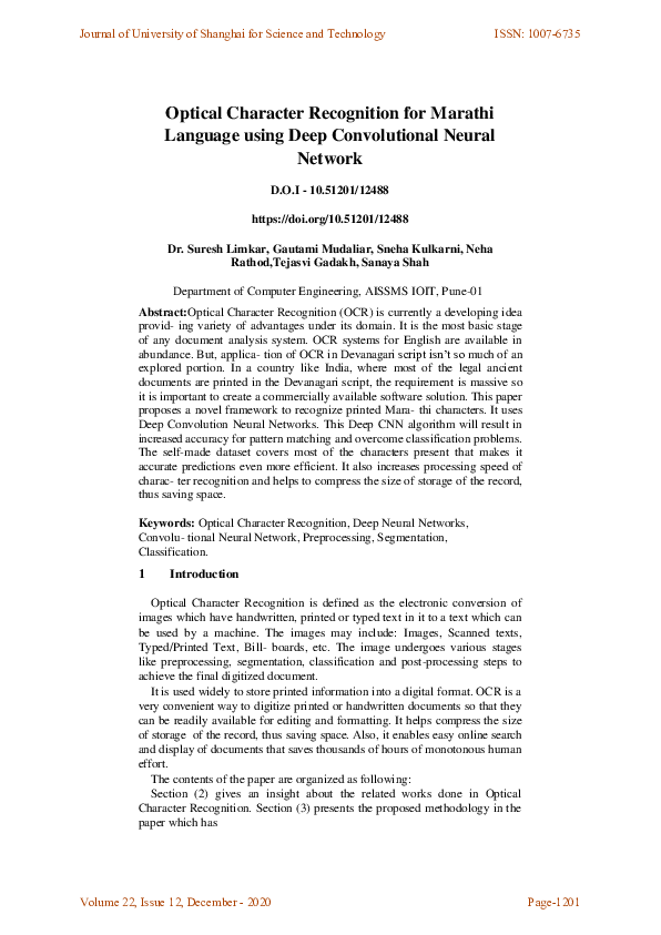 Pdf Optical Character Recognition For Marathi Language Using Deep Convolutional Neural Network