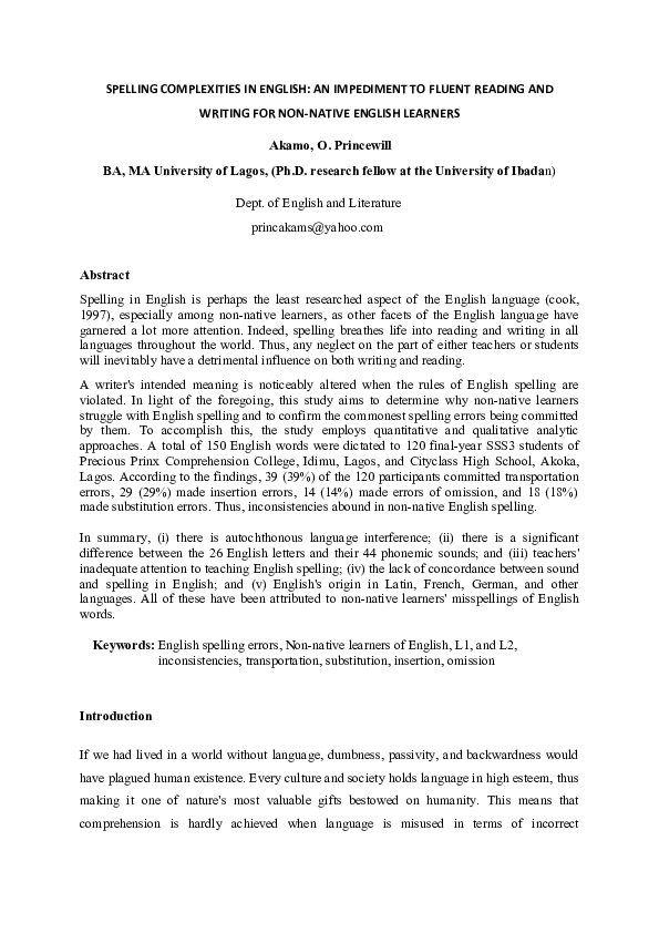 (DOC) SPELLING COMPLEXITIES IN ENGLISH: AN IMPEDIMENT TO FLUENT READING AND WRITING FOR NON ...