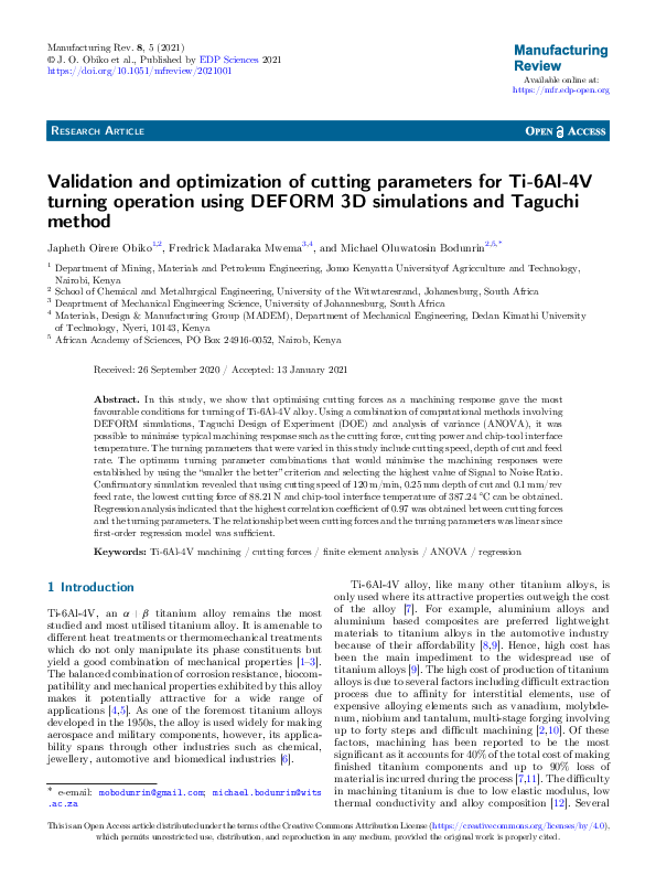 Pdf Validation And Optimization Of Cutting Parameters For Ti 6al 4v
