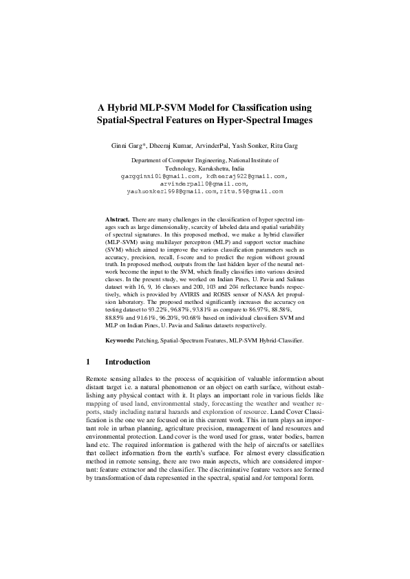 Pdf A Hybrid Mlp Svm Model For Classification Using Spatial Spectral