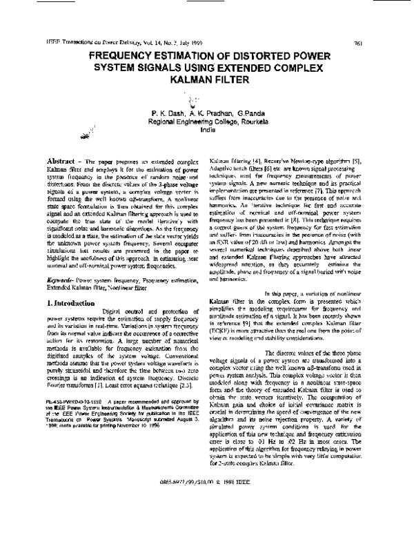 (PDF) Frequency estimation of distorted power system signals using extended complex Kalman filter
