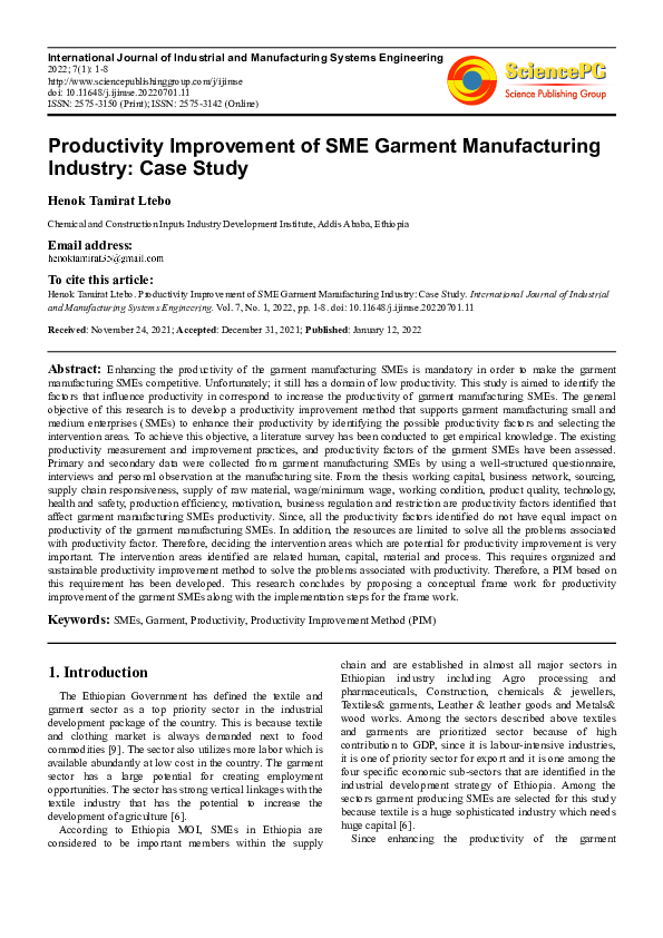 (PDF) Productivity Improvement of SME Garment Manufacturing Industry ...