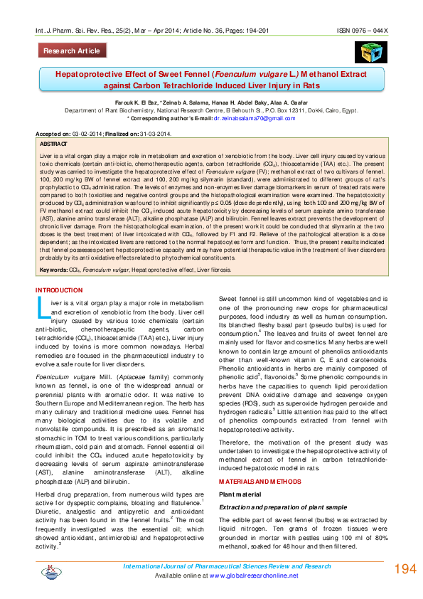 (PDF) Hepatoprotective Effect of Sweet Fennel (Foenculum vulgare L ...