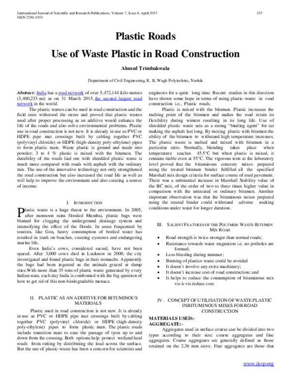 (PDF) Plastic Roads Use of Waste Plastic in Road Construction