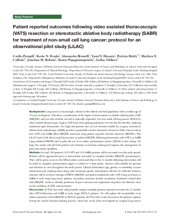 (PDF) Patient reported outcomes following video assisted thoracoscopic (VATS) resection or ...