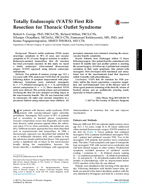 (PDF) Totally Endoscopic (VATS) First Rib Resection for Thoracic Outlet ...