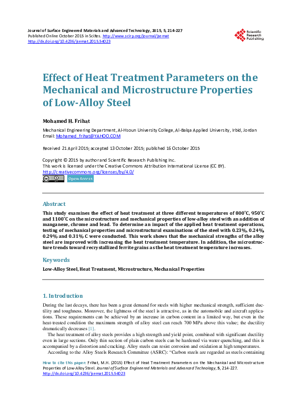 (PDF) Effect of Heat Treatment Parameters on the Mechanical and Microstructure Properties of Low ...