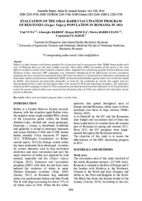 (PDF) EVALUATION OF THE ORAL RABIES VACCINATION PROGRAM OF RED FOXES ( Vulpes Vulpes ...