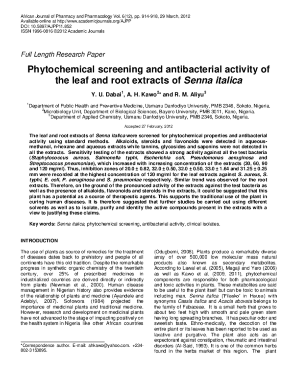(PDF) Phytochemical screening and antibacterial activity of the leaf and root extracts of Senna ...